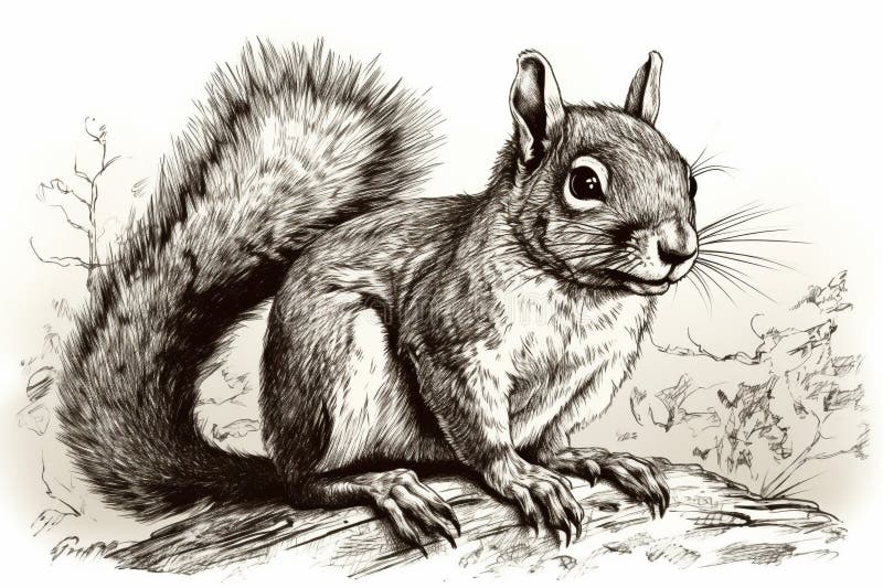 Hand Drawn Ink Illustration of a Squirrel in Its Natural Habitat ...