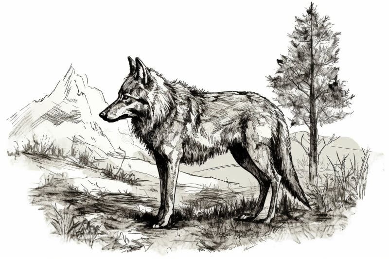 Hand Drawn Ink Illustration of a Wolf in Its Natural Habitat ...
