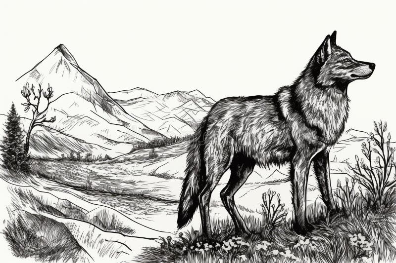Hand Drawn Ink Illustration of a Wolf in Its Natural Habitat ...
