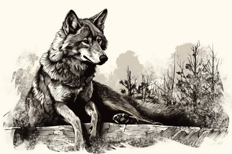 Hand Drawn Ink Illustration of a Wolf in Its Natural Habitat ...