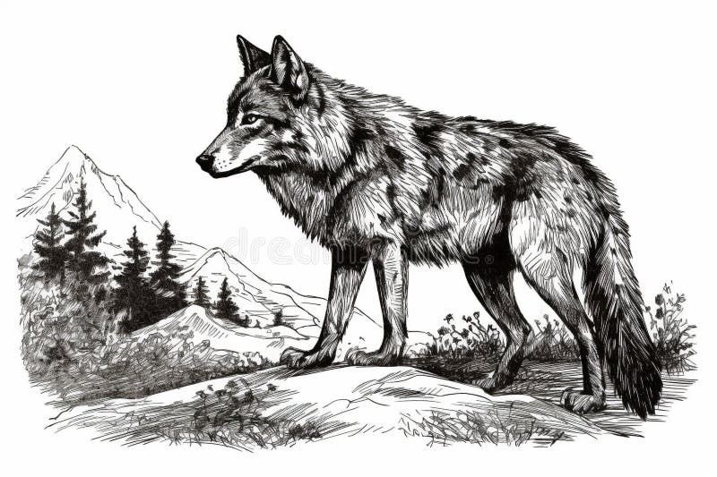 Hand Drawn Ink Illustration of a Wolf in Its Natural Habitat ...