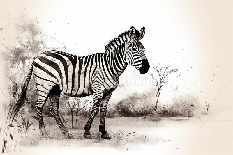 Hand Drawn Ink Illustration of a Zebra in Its Natural Habitat ...
