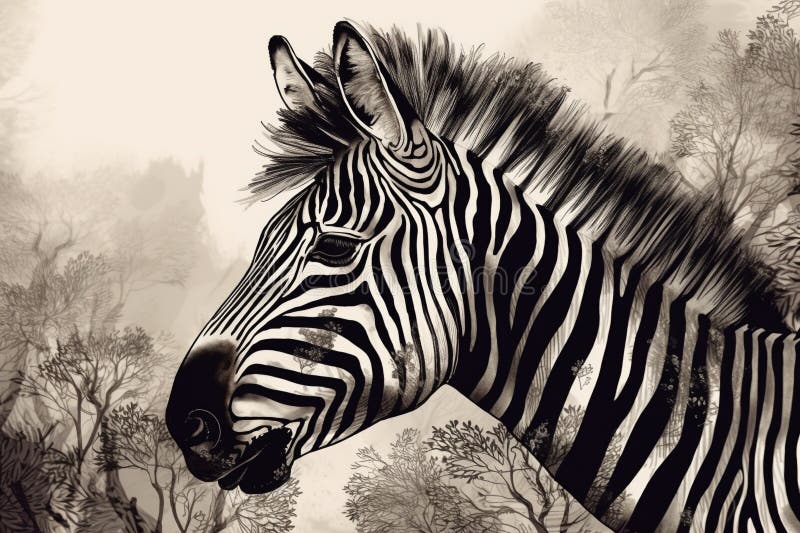 Hand Drawn Ink Illustration of a Zebra in Its Natural Habitat ...