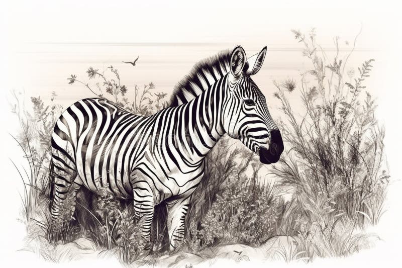 Hand Drawn Ink Illustration of a Zebra in Its Natural Habitat ...
