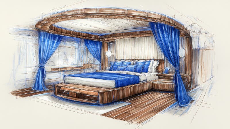 Hand Drawn Interior Design of a Modern Bedroom Featuring Custom ... Hand Drawn Interior Design of a Modern Bedroom Featuring Custom ...