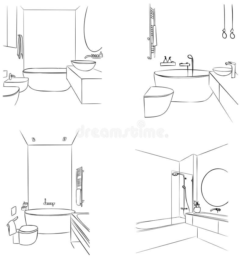 Hand Drawn Interior Sketch. Home Design Bathroom, Vector Illustration ...