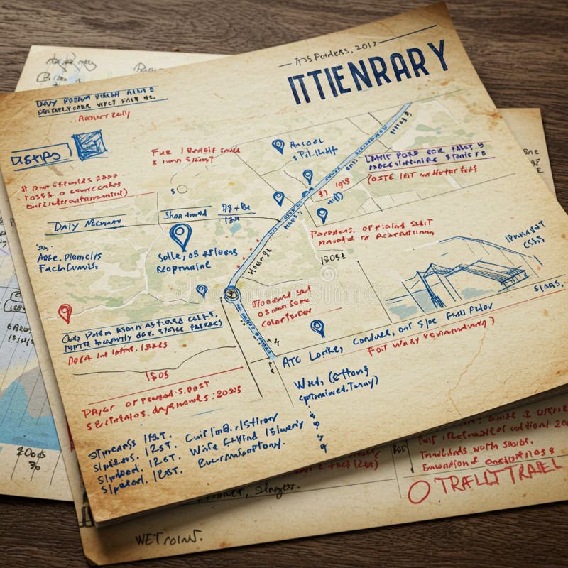 Hand-drawn Itinerary on Textured Paper, Featuring a Map and Notes. Blue ...