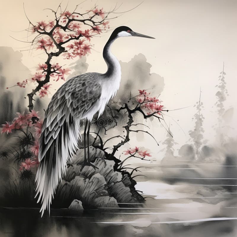 Hand Drawn Japanese Ink Wash Art Stock Illustration - Illustration of ...