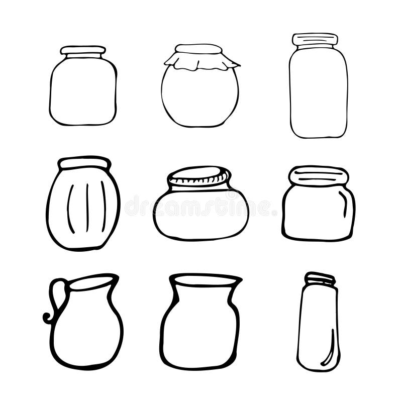 Hand Drawn Jar Set. Contour Sketch. Kitchen Objects Doodle Style ...