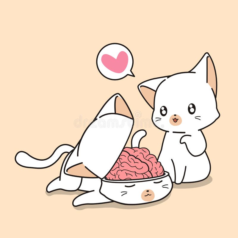 Hand Drawn Kawaii Cat is Looking the Brain Stock Vector - Illustration ...