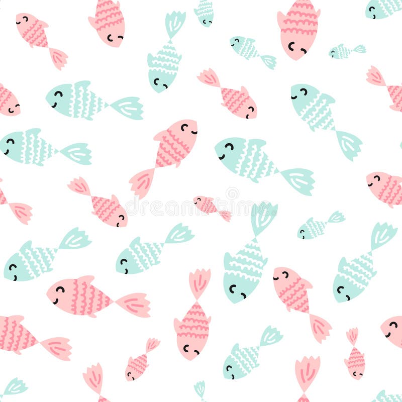 Hand Drawn Kid Seamless Pattern. Pastel Pink and Blue Cute Fish ...