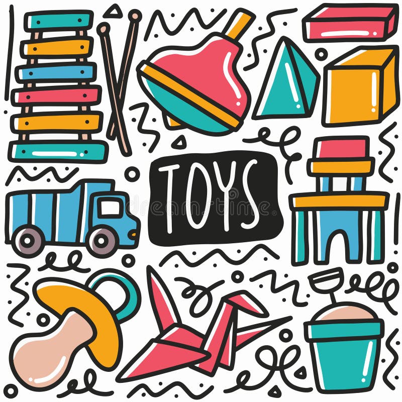 Hand Drawn Kids Toys Doodle Set Stock Vector - Illustration of icon ...