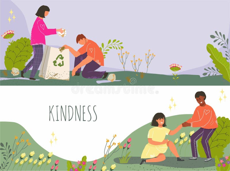 Hand Drawn Kindness Concept Flat Cartoon Banner Set Stock Illustration ...