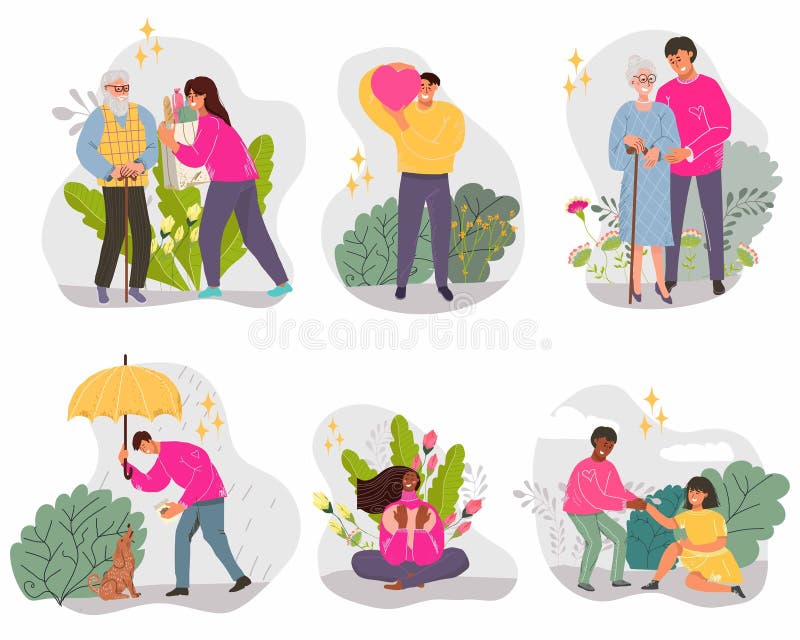 Hand Drawn Kindness Concept Flat Cartoon Mini Compositions Set Stock ...