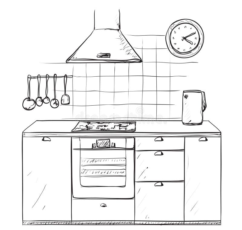 Hand Drawn Kitchen. Furniture Sketch Stock Vector - Illustration of ...
