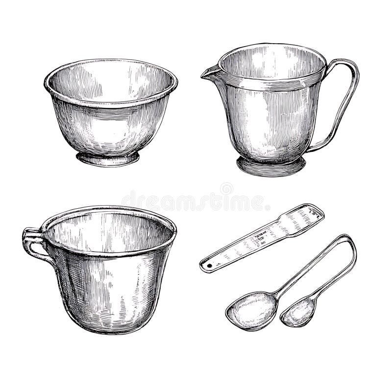 Hand-drawn Kitchen Utensils Bowl, Pitcher, Cup, Measuring Spoons, and ...