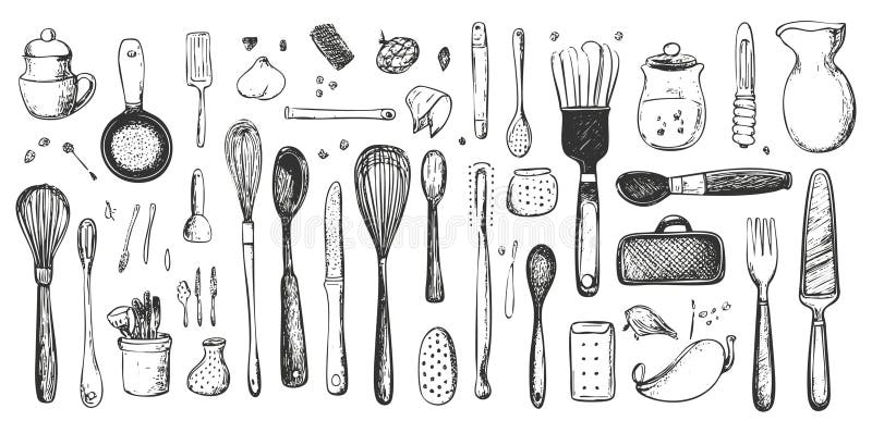 Hand-drawn Kitchen Utensils and Tools Illustration in Black and White ...