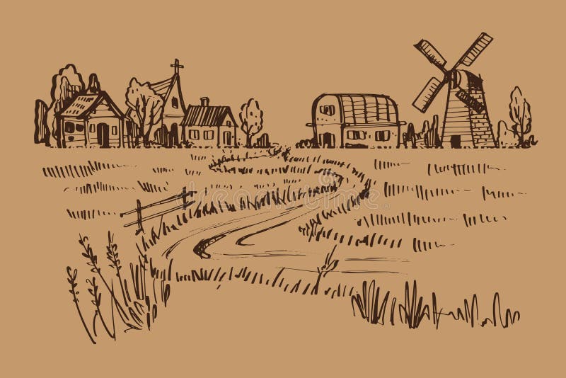 Hand Drawn Landscape of Country, Illustration Doodle Styl Stock Vector ...