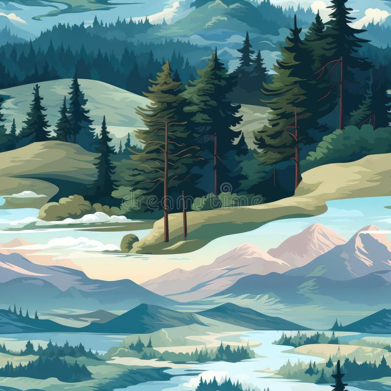 Hand-drawn Landscape Illustration with Mountains and Trees Stock ...