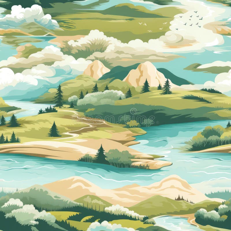 Hand-drawn Landscape Illustration with Mountains and Trees Stock ...
