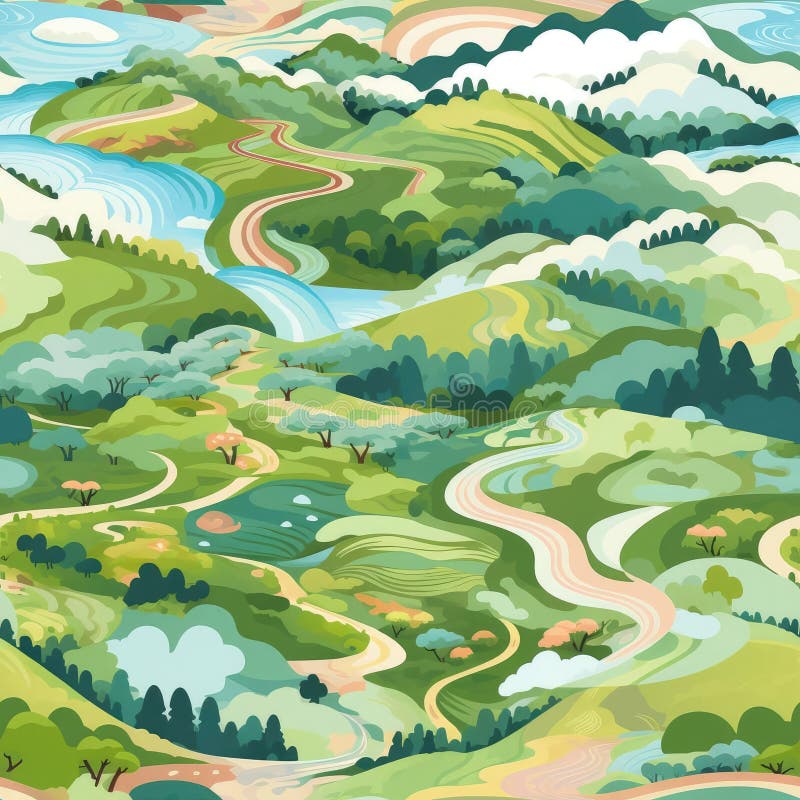 Hand-drawn Landscape Illustration with Mountains and Trees Stock ...