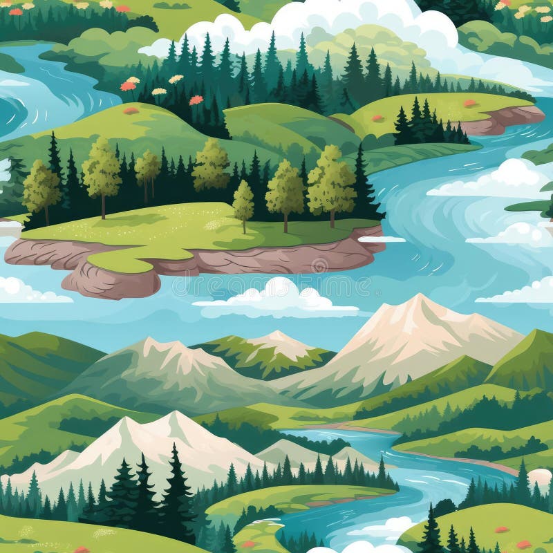 Hand-drawn Landscape Illustration with Mountains and Trees Stock ...