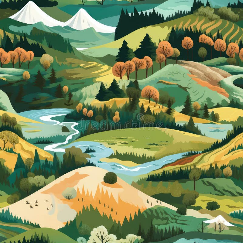 Hand-drawn Landscape Illustration with Mountains and Trees Stock Photo ...