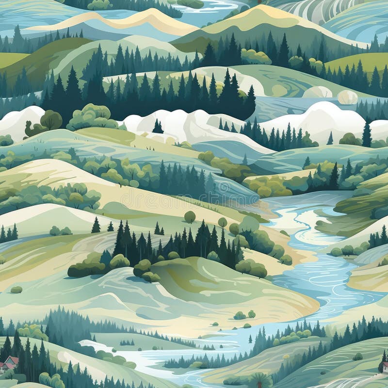 Hand-drawn Landscape Illustration with Mountains and Trees Stock Photo ...