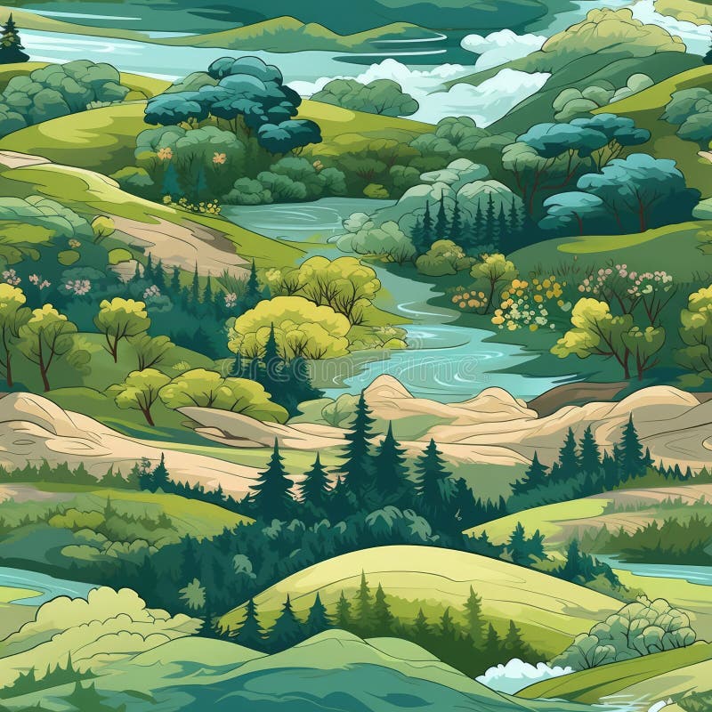 Hand-drawn Landscape Illustration with Mountains and Trees Stock Photo ...