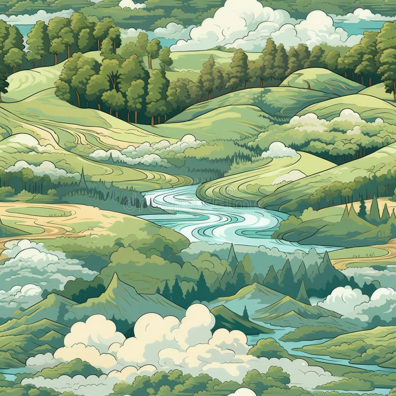 Hand-drawn Landscape Illustration with Mountains and Trees Stock Image ...