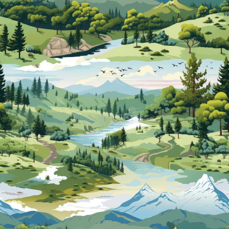 Hand-drawn Landscape Illustration with Mountains and Trees Stock Photo ...
