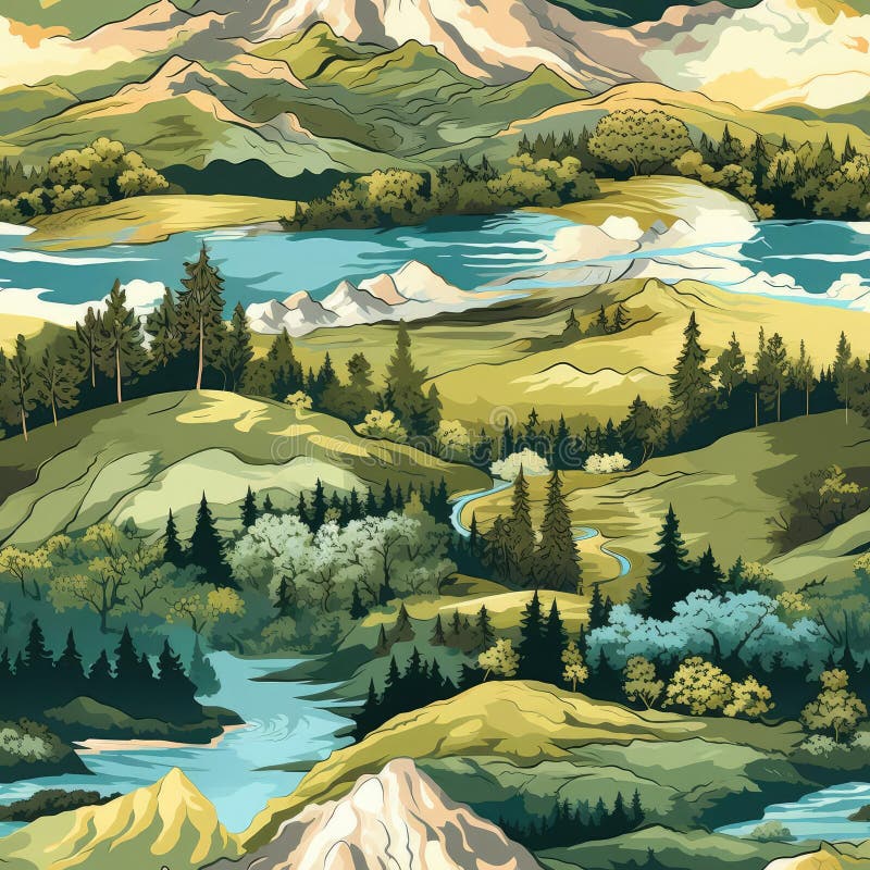 Hand-drawn Landscape Illustration with Mountains and Trees Stock Photo ...