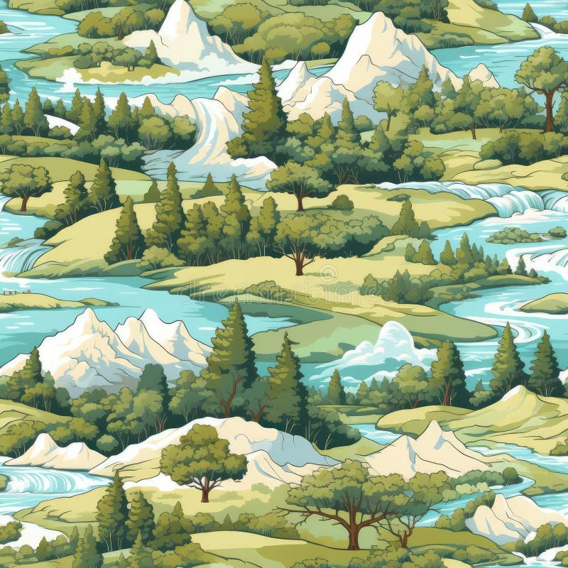 Hand-drawn Landscape Illustration with Mountains and Trees Stock Image ...