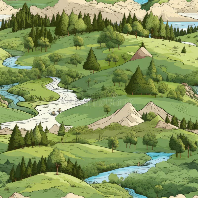 Hand-drawn Landscape Illustration with Mountains and Trees Stock Image ...