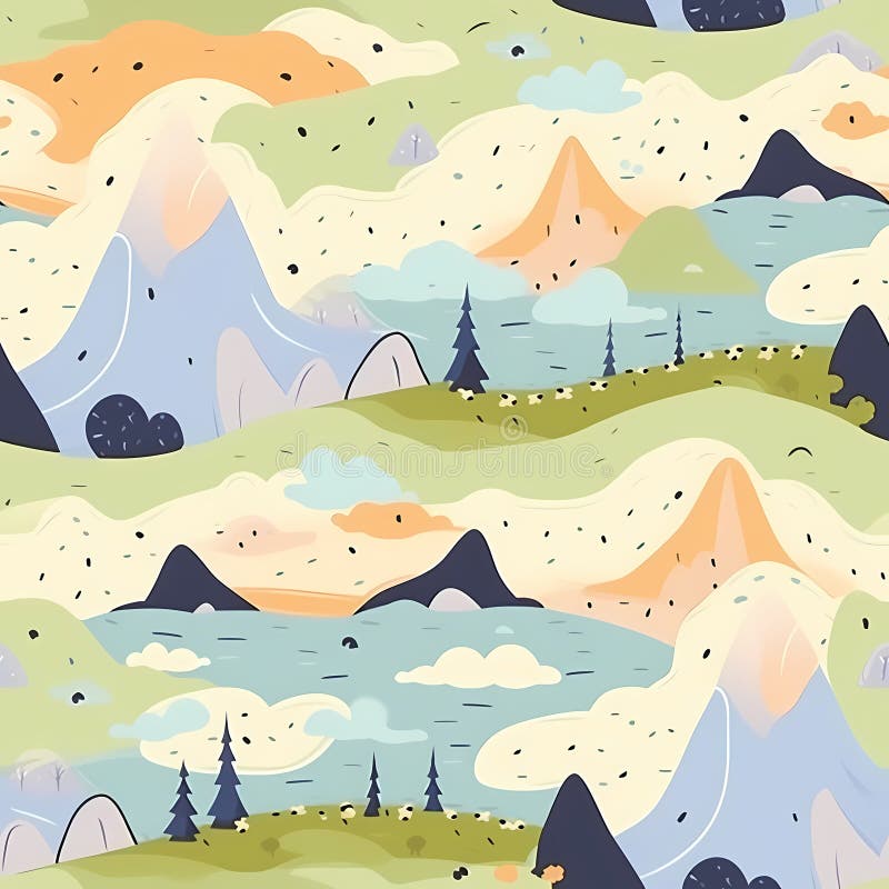 Hand Drawn Landscape Pattern, a Pattern of Mountains and Trees Stock ...