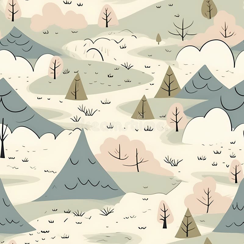 Hand Drawn Landscape Pattern, a Pattern of Trees and Bushes Stock ...