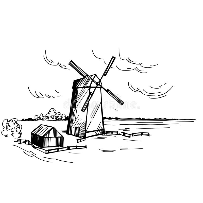 Hand Drawn Landscape with a Windmill. Vector Sketch Illustration Stock ...