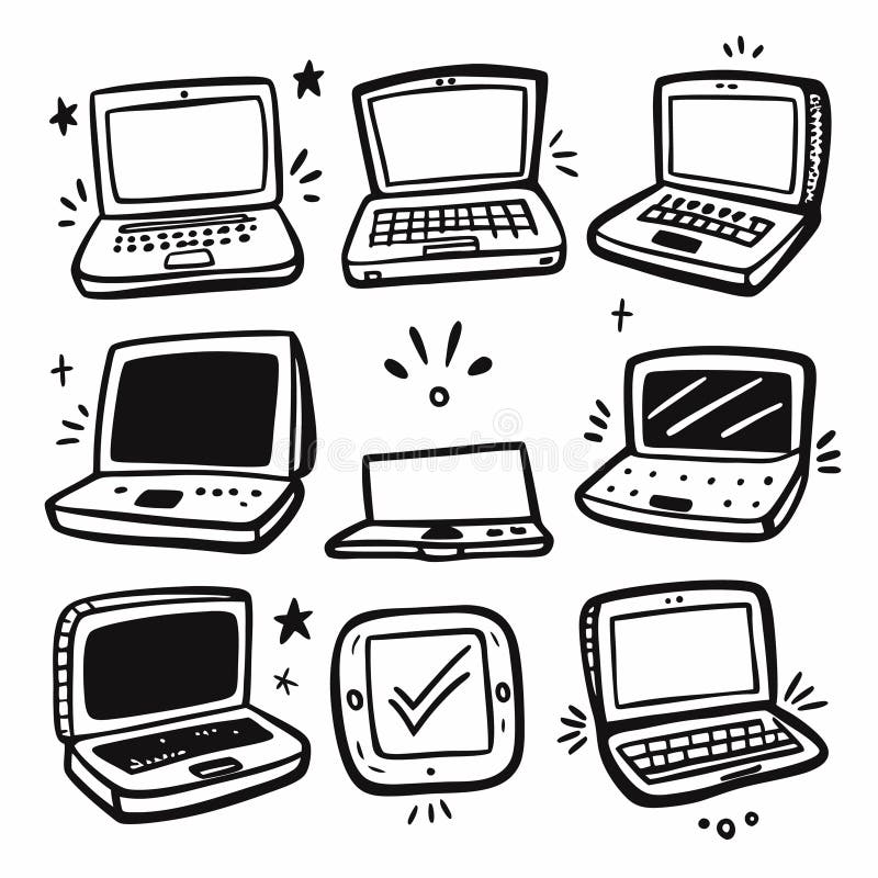 Hand-Drawn Laptop Doodle Bundle – 6 Black and White Miscellaneous ...