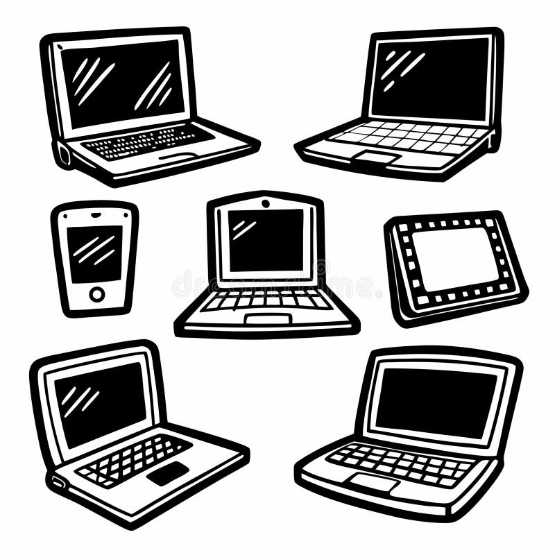 Hand-Drawn Laptop Doodle Bundle – 6 Black and White Miscellaneous ...
