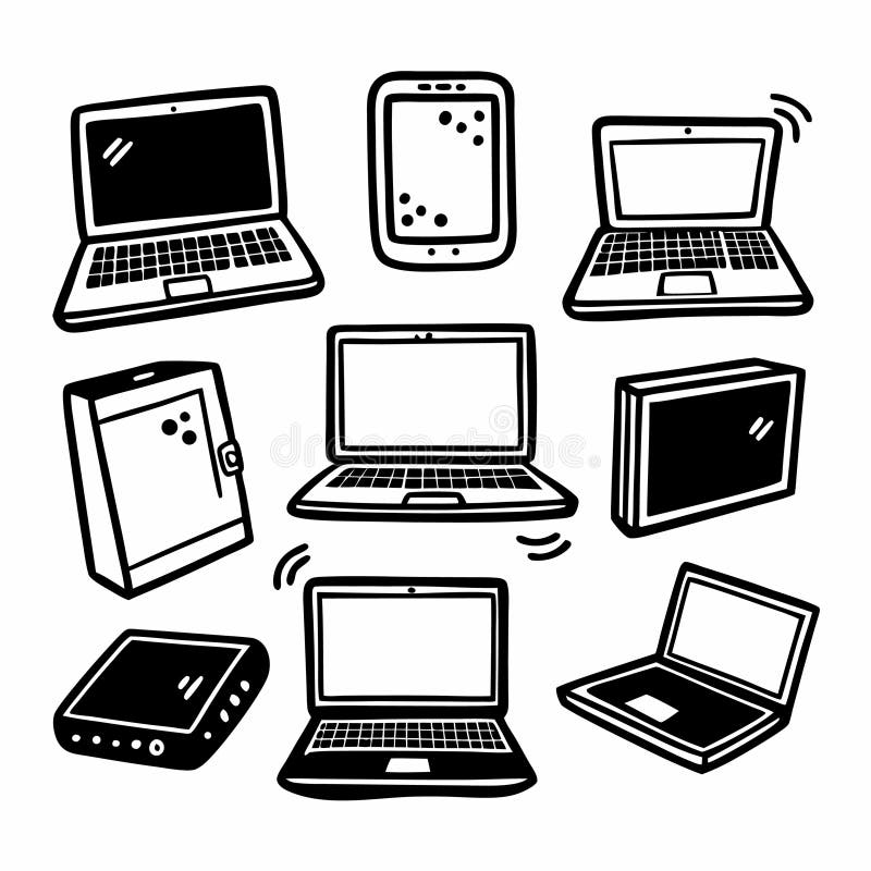 Hand-Drawn Laptop Doodle Bundle – 6 Black and White Miscellaneous ...
