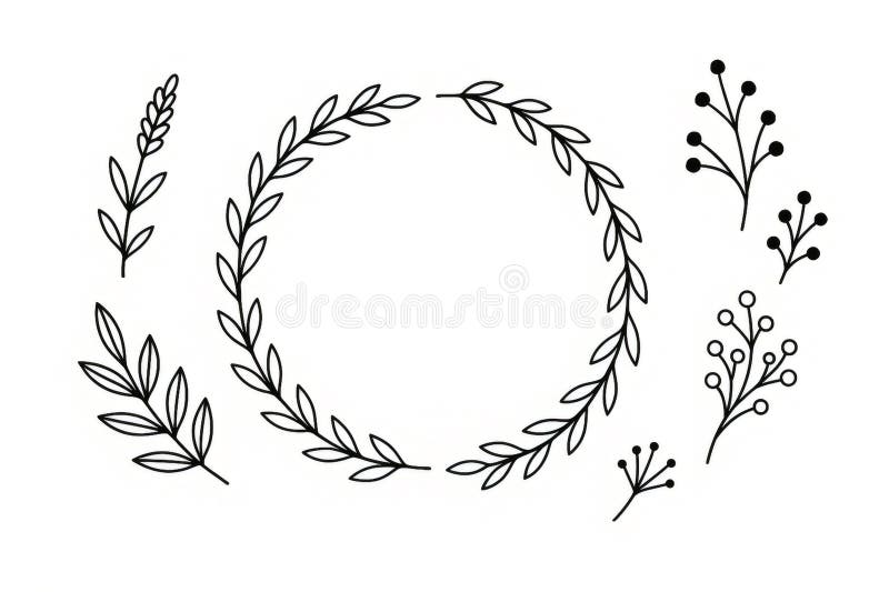 Hand Drawn Laurel Wreath, Branches and Berries Creating a Decorative ...