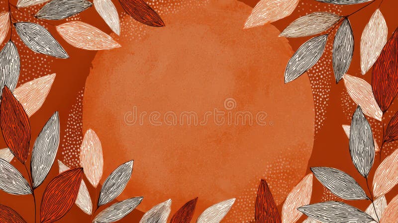 Hand-Drawn Leaves Forming a Natural Frame on Muted Orange Background ...