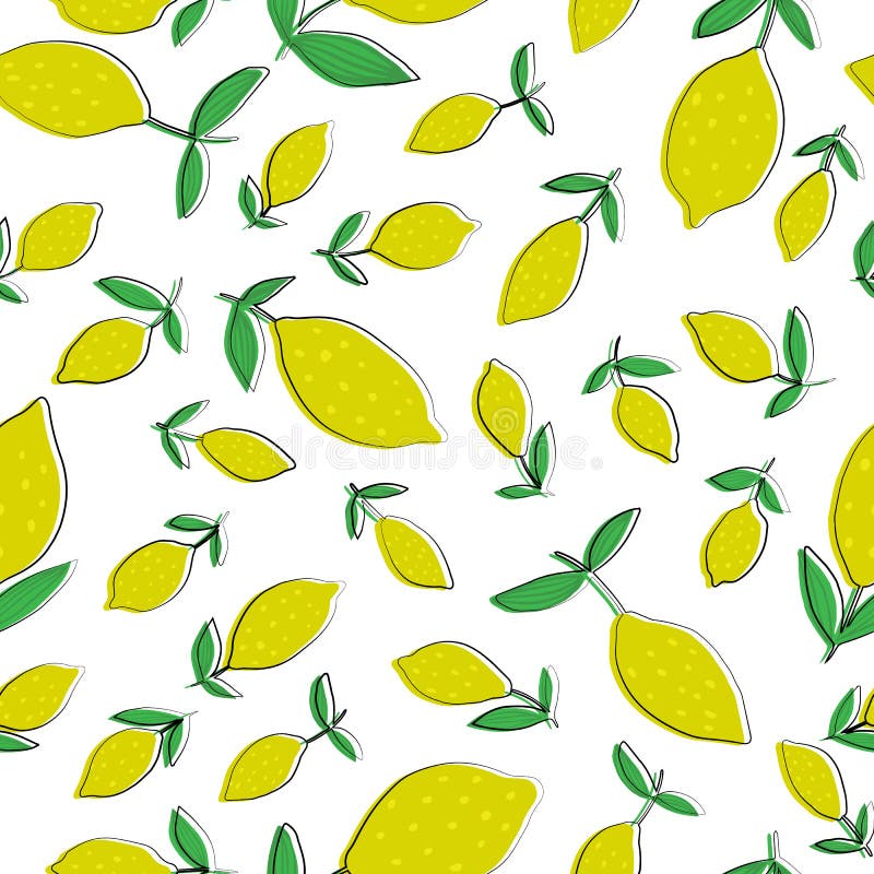Hand Drawn Lemon Seamless Pattern with Leaves Stock Illustration ...