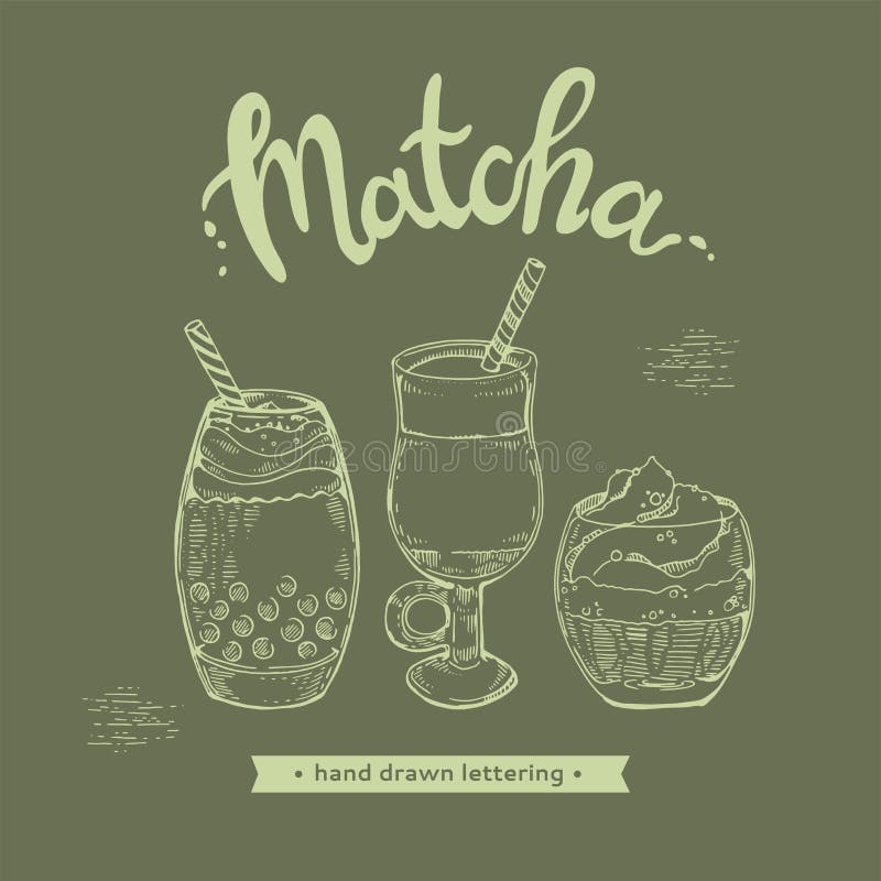 Hand-drawn Letering Different Matcha Drinks and Desserts. Stock Vector ...