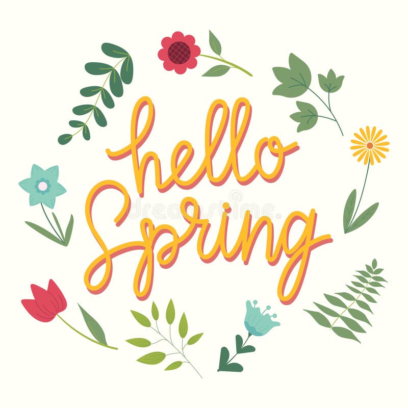 Hand Drawn Lettering Hello Spring Card with Decorative Floral Frame ...