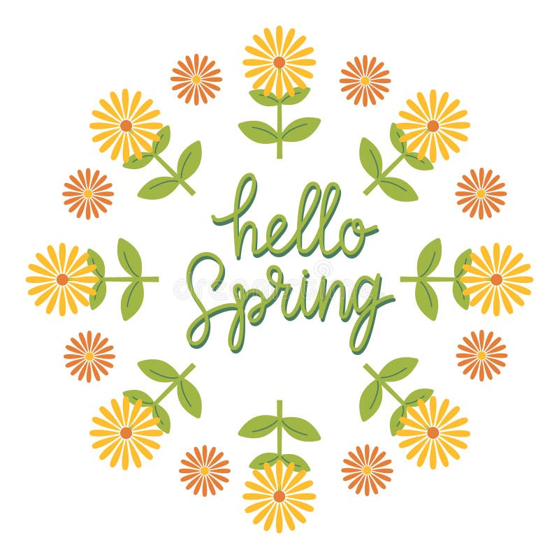 Hand Drawn Lettering Hello Spring Card with Decorative Floral Frame ...