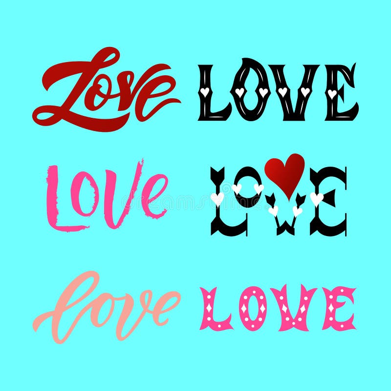 Hand Drawn Lettering of Words LOVE Different Style on Blue Background ...