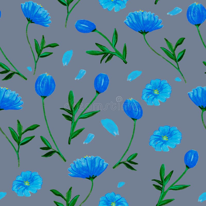 Hand Drawn Light Blue Flowers Pattern Grey Stock Illustration ...