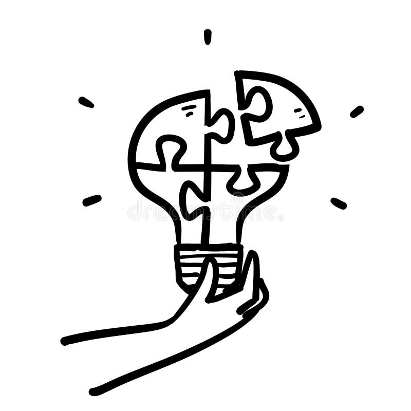 Hand Drawn Light Bulb with Jigsaw Puzzle Concept Illustration Vector ...