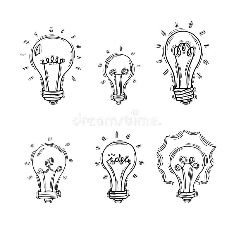 Hand Drawn Light Bulbs. Doodle Light Bulb. Sketch, Minimalistic Design ...